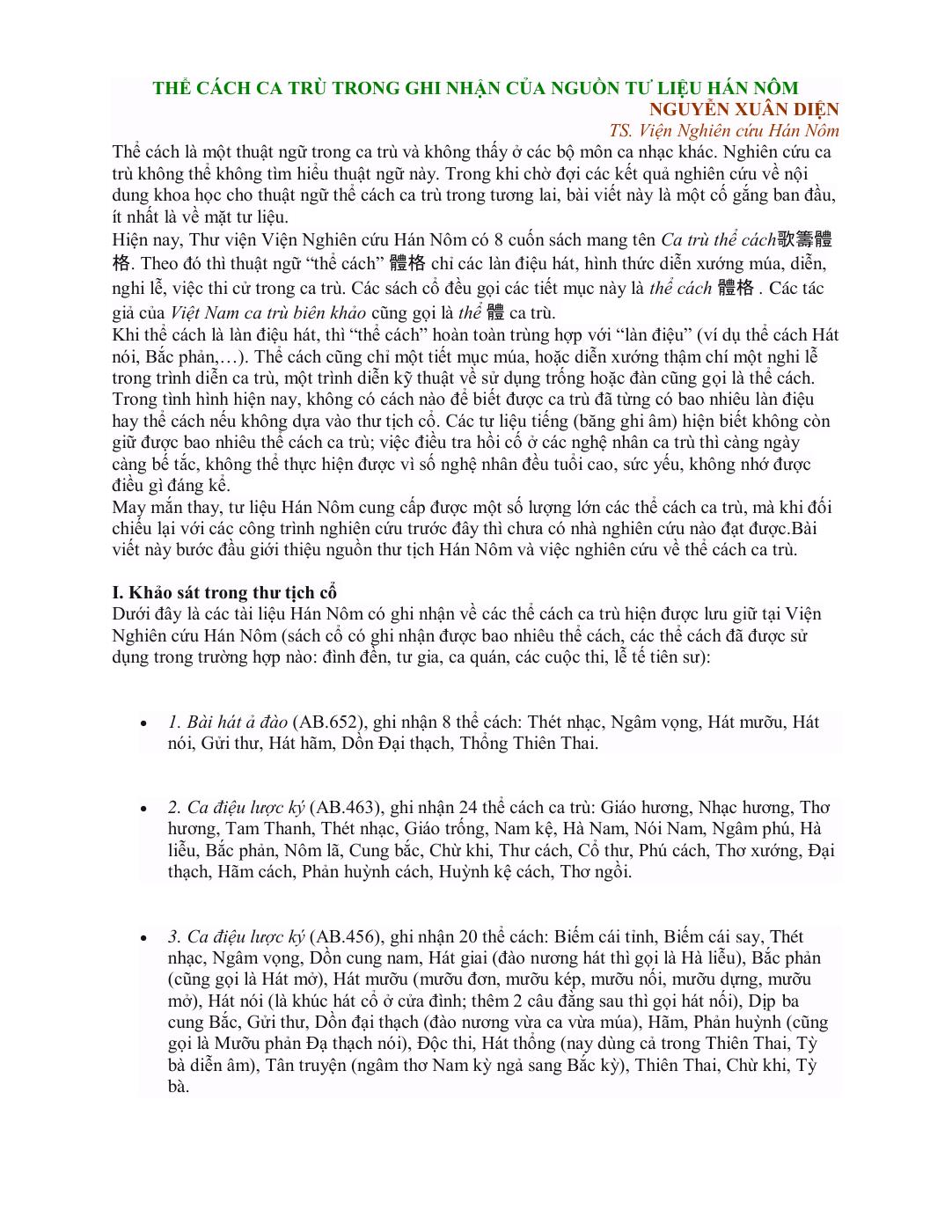 THỂ CÁCH CA TRÙ TRONG GHI NHẬN CỦA NGUỒN TƯ LIỆU HÁN NÔM