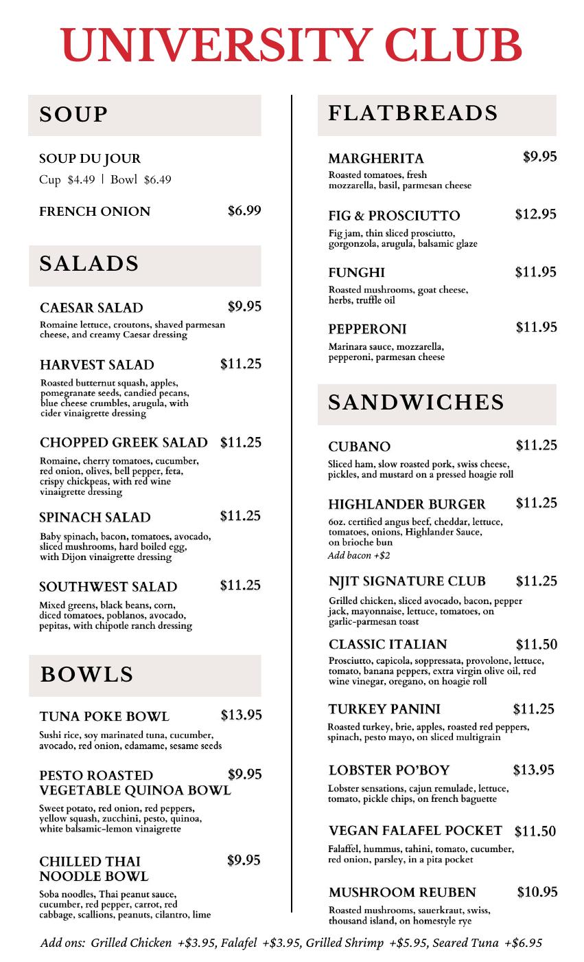 NJIT University Club Menu