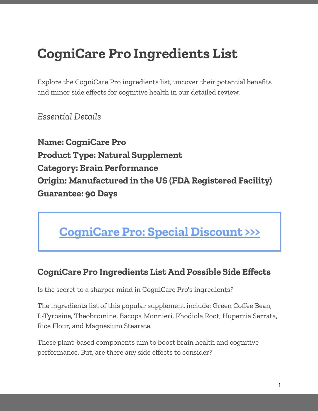 CogniCare Pro Ingredients (Brain And Memory) Side Effects