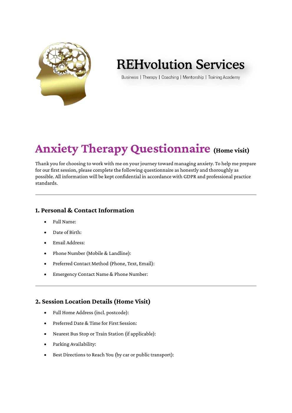 Anxiety Therapy Questionnaire (Home Visit) | PDF to Flipbook