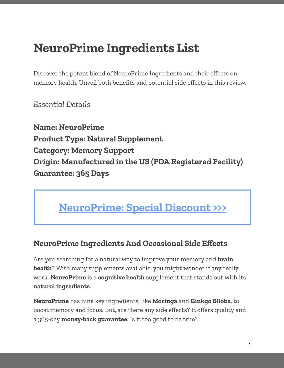 NeuroPrime Ingredients (Memory Support Supplement)