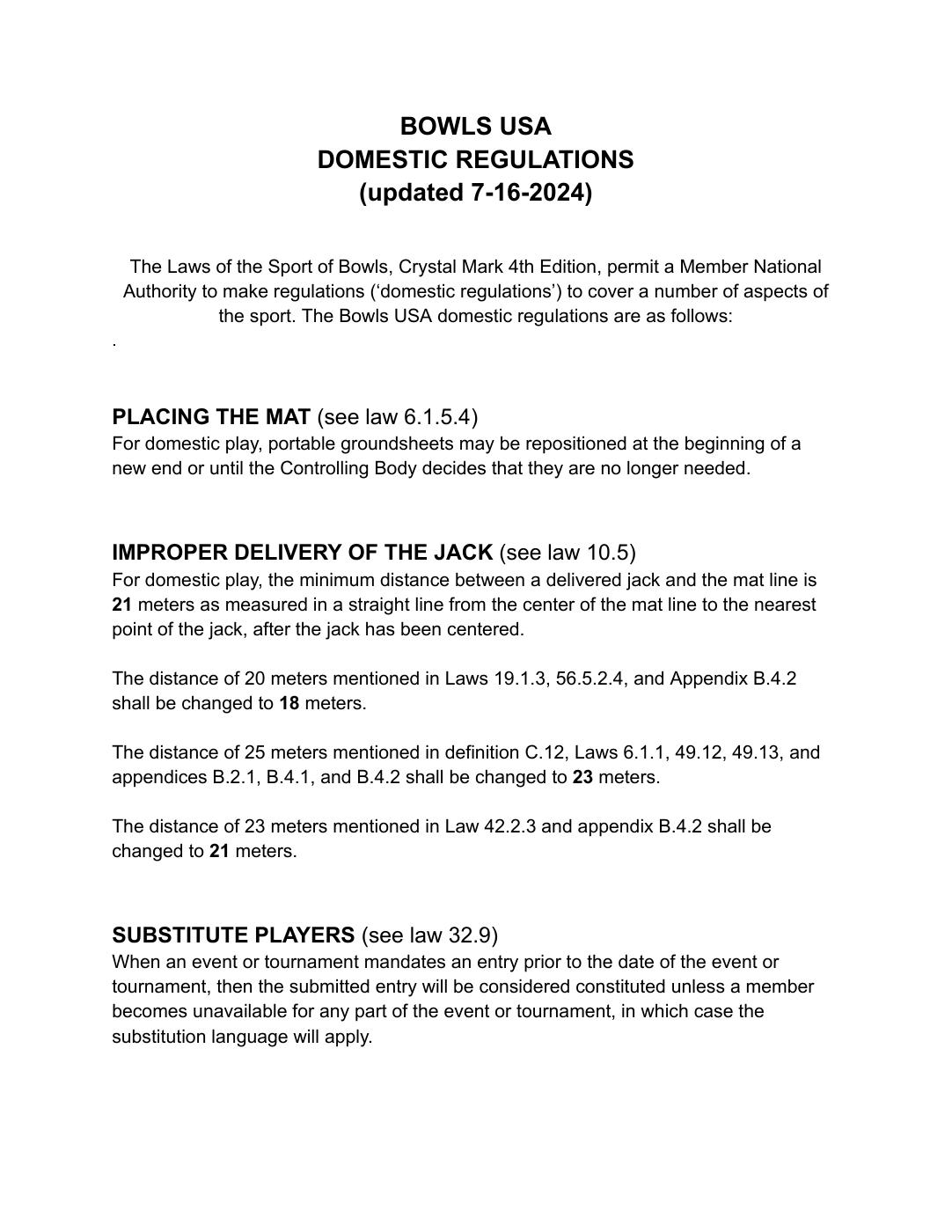 USA Amendments to Laws of the Sport of Bowls