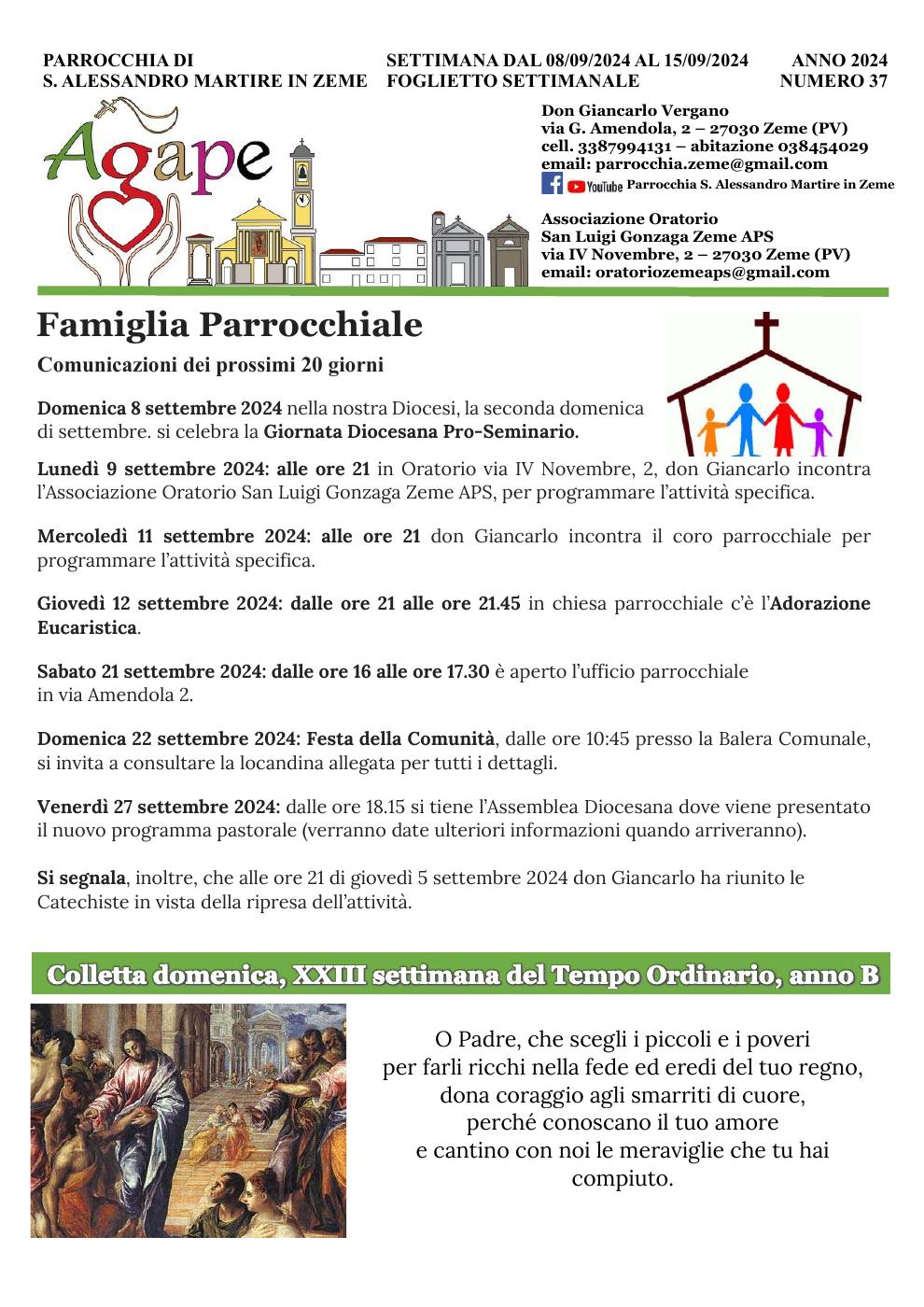 Agape 37, audio Santo Padre + programma Festa della Comunità e avvisi