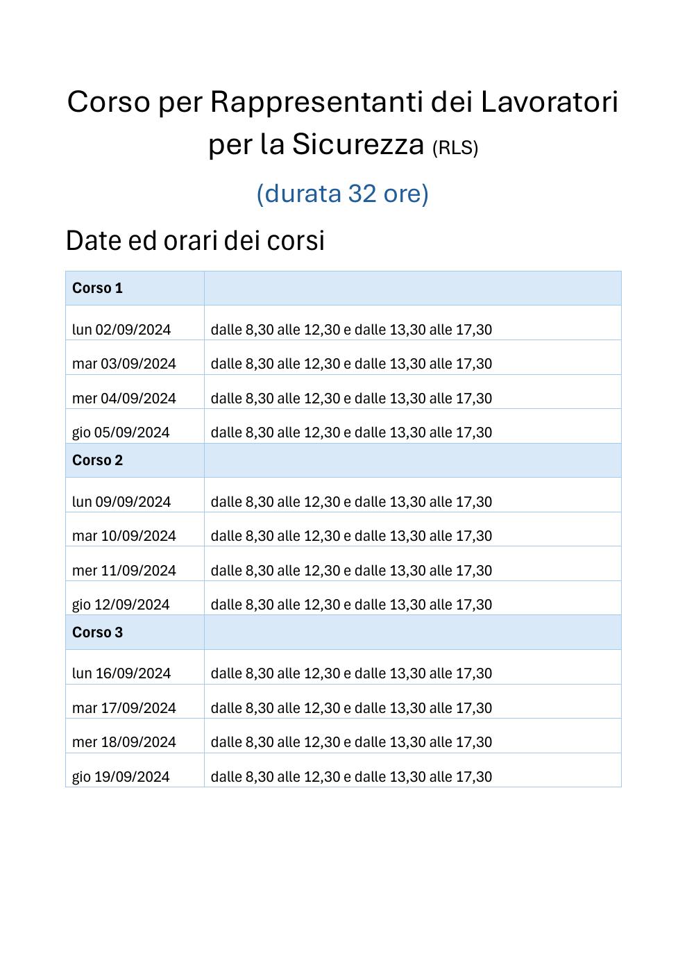 Informazioni corso RLS