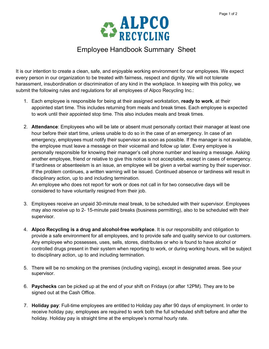 Employee Handbook Summary Sheet