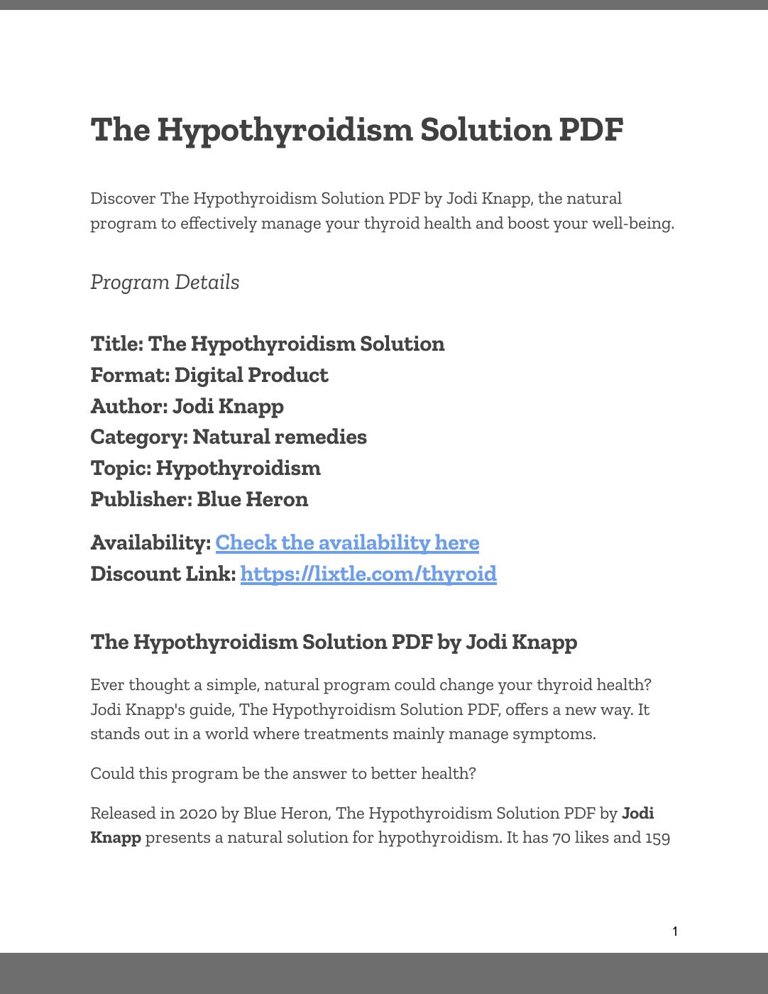 The Hypothyroidism Solution PDF by Jodi Knapp