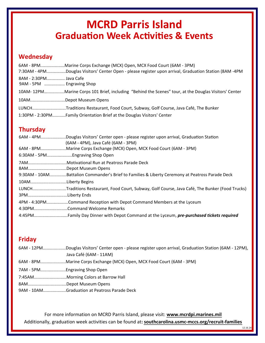 MCRD PI Graduation Week Activities and Events