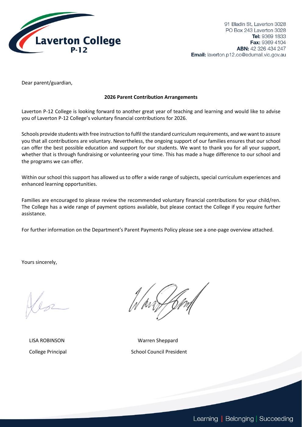Laverton P-12 College 2026 Parent Contribution Arrangements | PDF to Flipbook