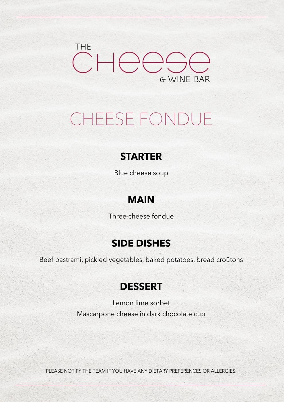Cheese & Wine Bar | Cheese Fondue Menu