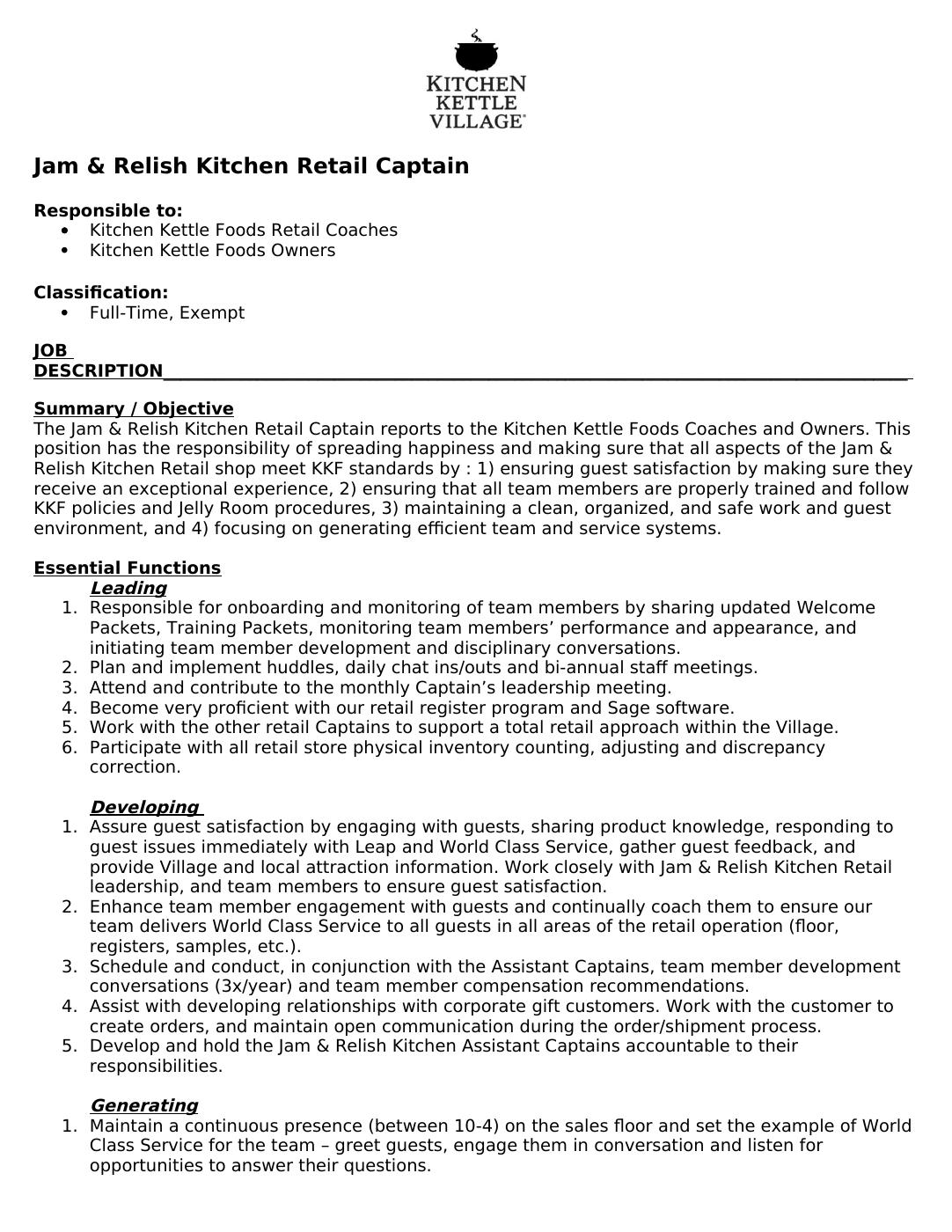 Jam & Relish Kitchen Captain - Job Description | PDF to Flipbook