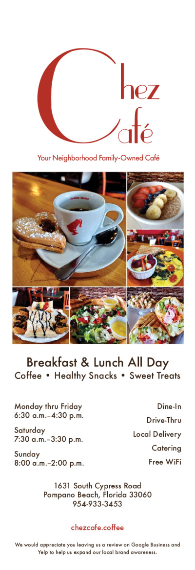 Chez Café Pompano, Florida Breakfast and Lunch All Day Menu
