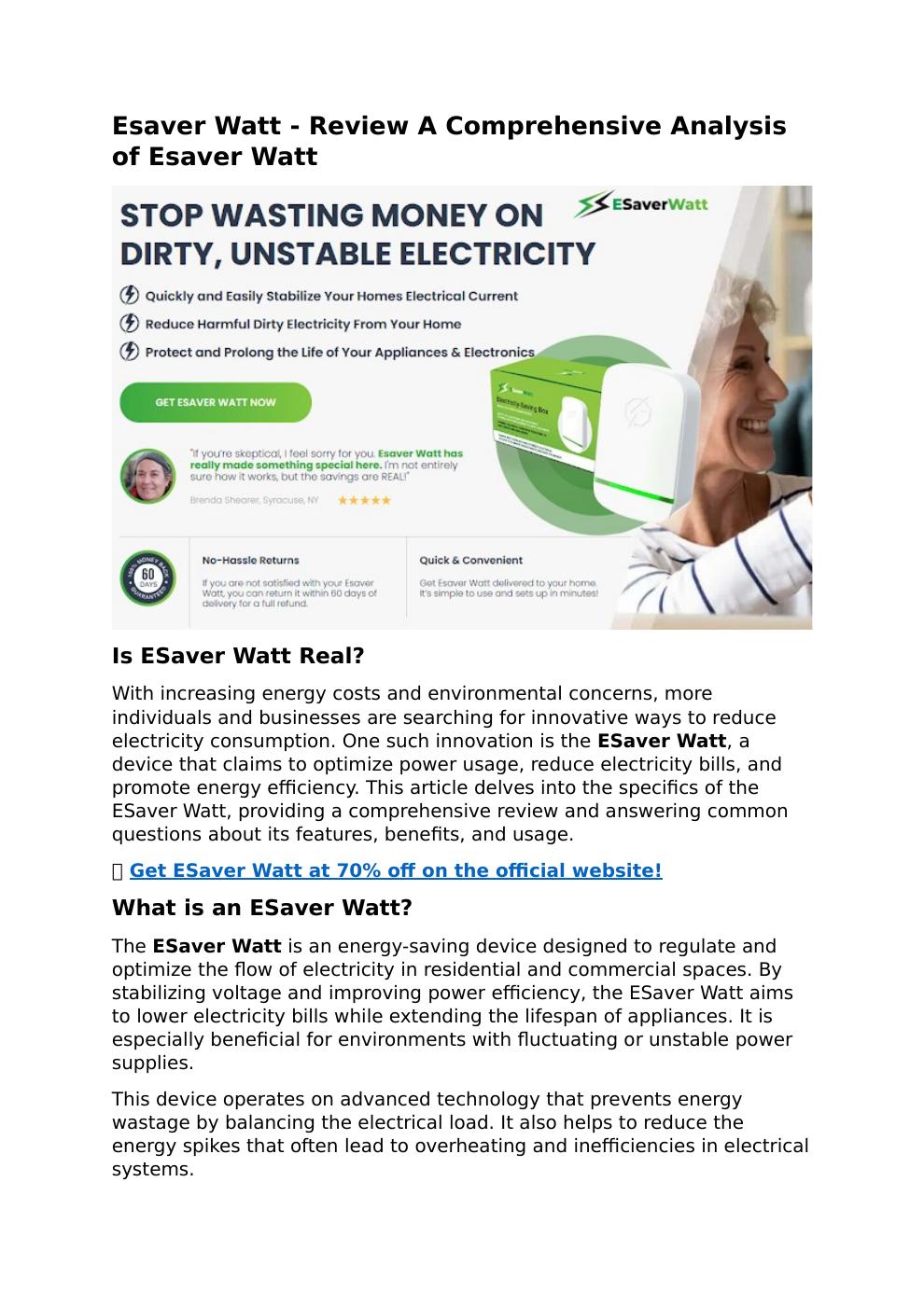 Esaver Watt - Review A Comprehensive Analysis of Esaver Watt | PDF to ...