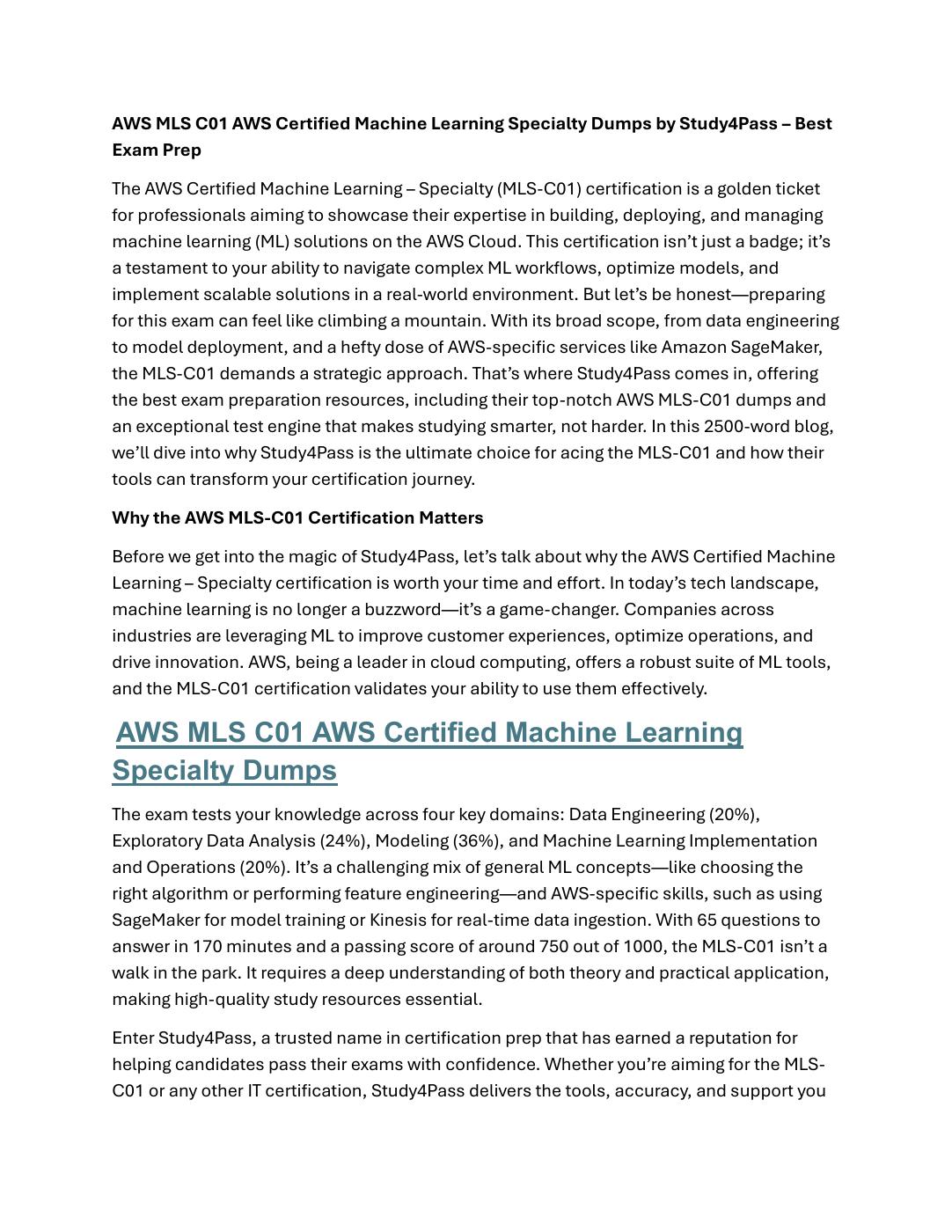 AWS MLS C01 AWS Certified Machine Learning Specialty Dumps | PDF to ...