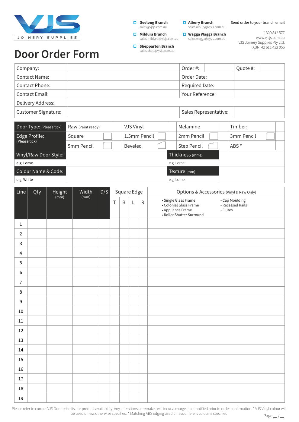 VJS Vinyl Doors Order Form