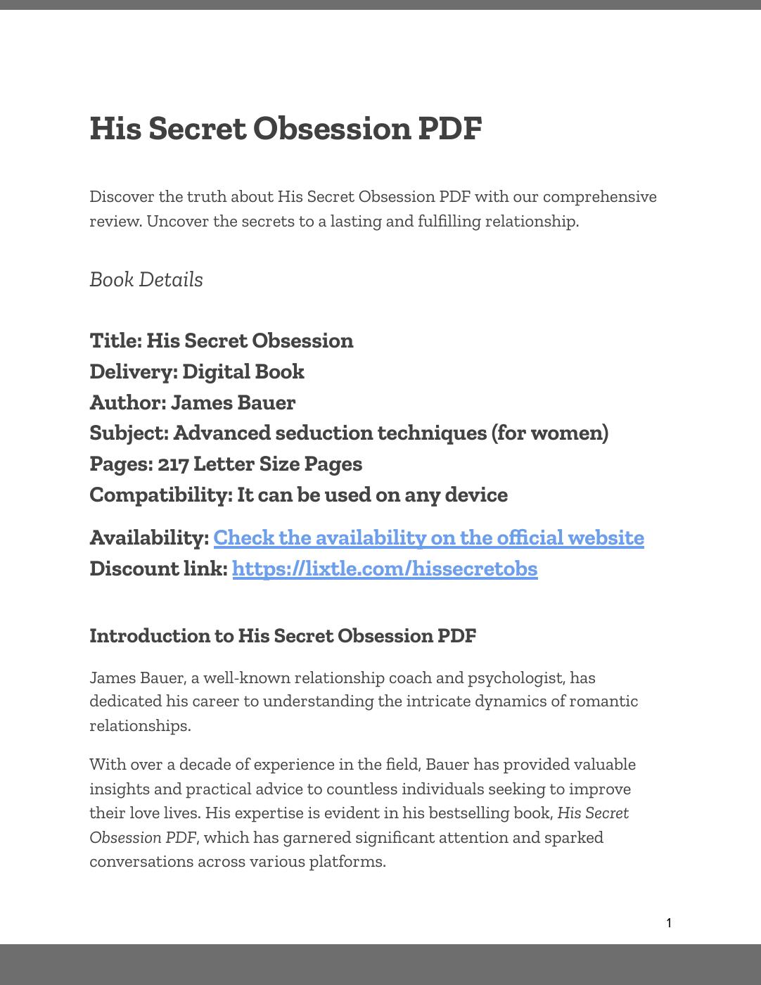 His Secret Obsession PDF by James Bauer