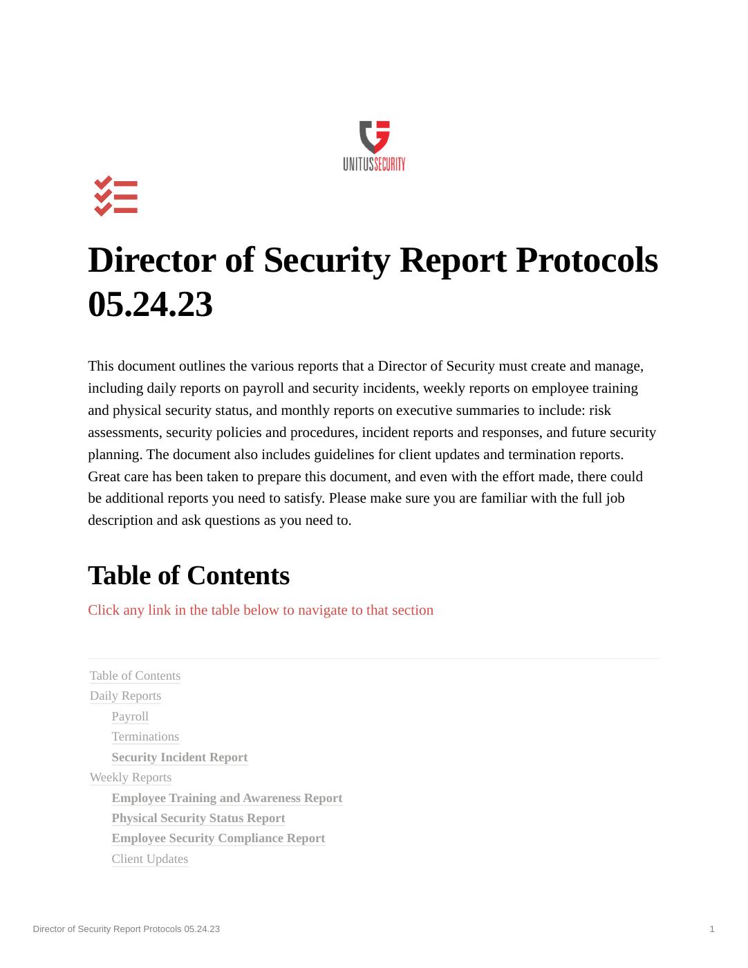 Director of Security Report Protocols