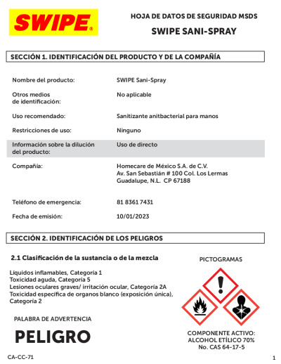 SWIPE SANI-SPRAY HOJA DE SEGURIDAD
