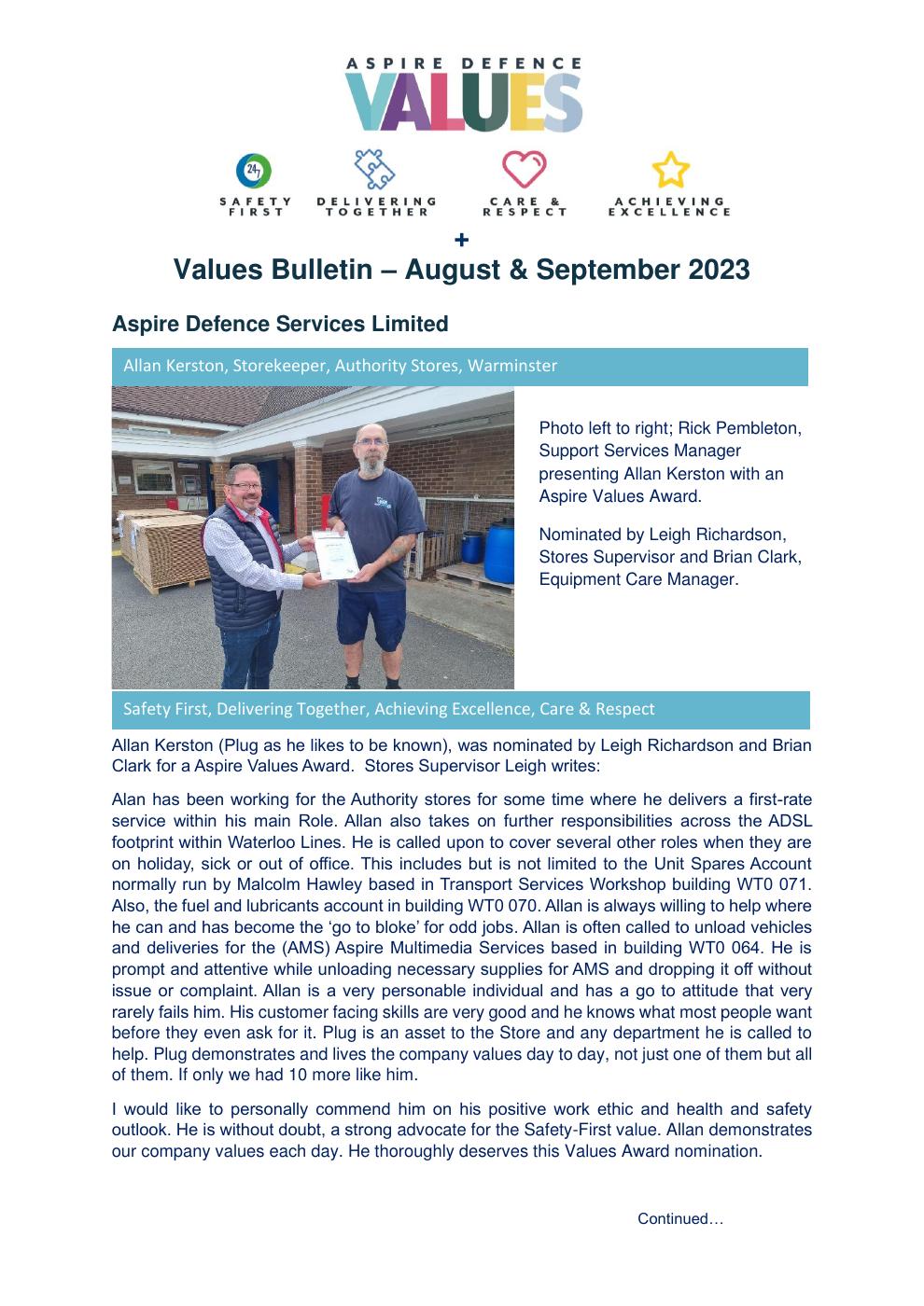 Aspire Values Award Bulletin - August & September 2023