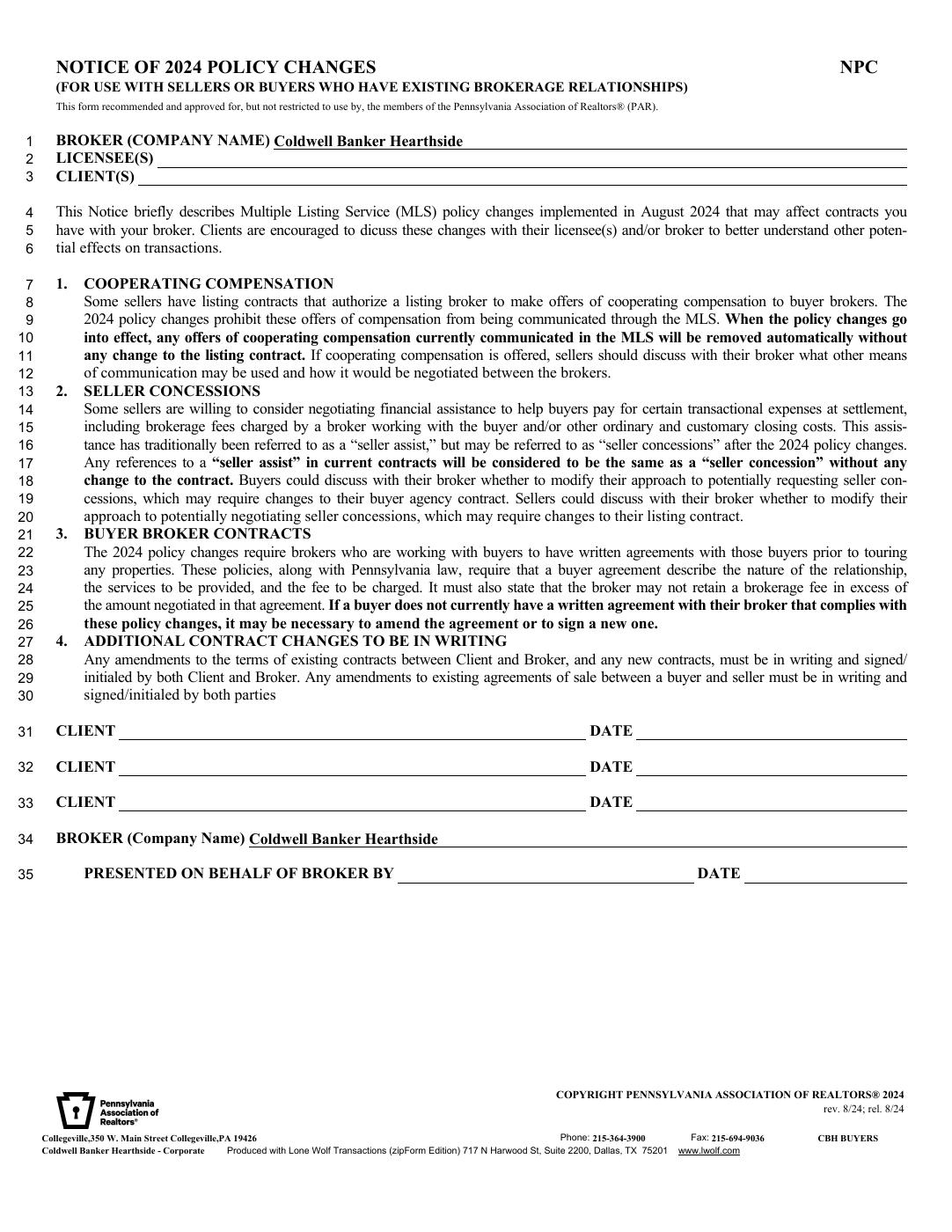 PA Notice of Policy Changes Form