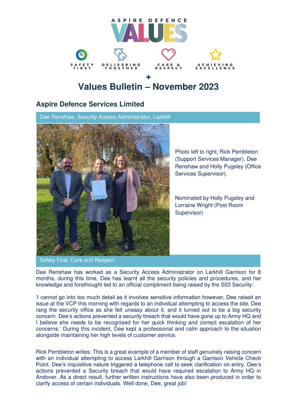 Aspire Values Award Bulletin - November 2023