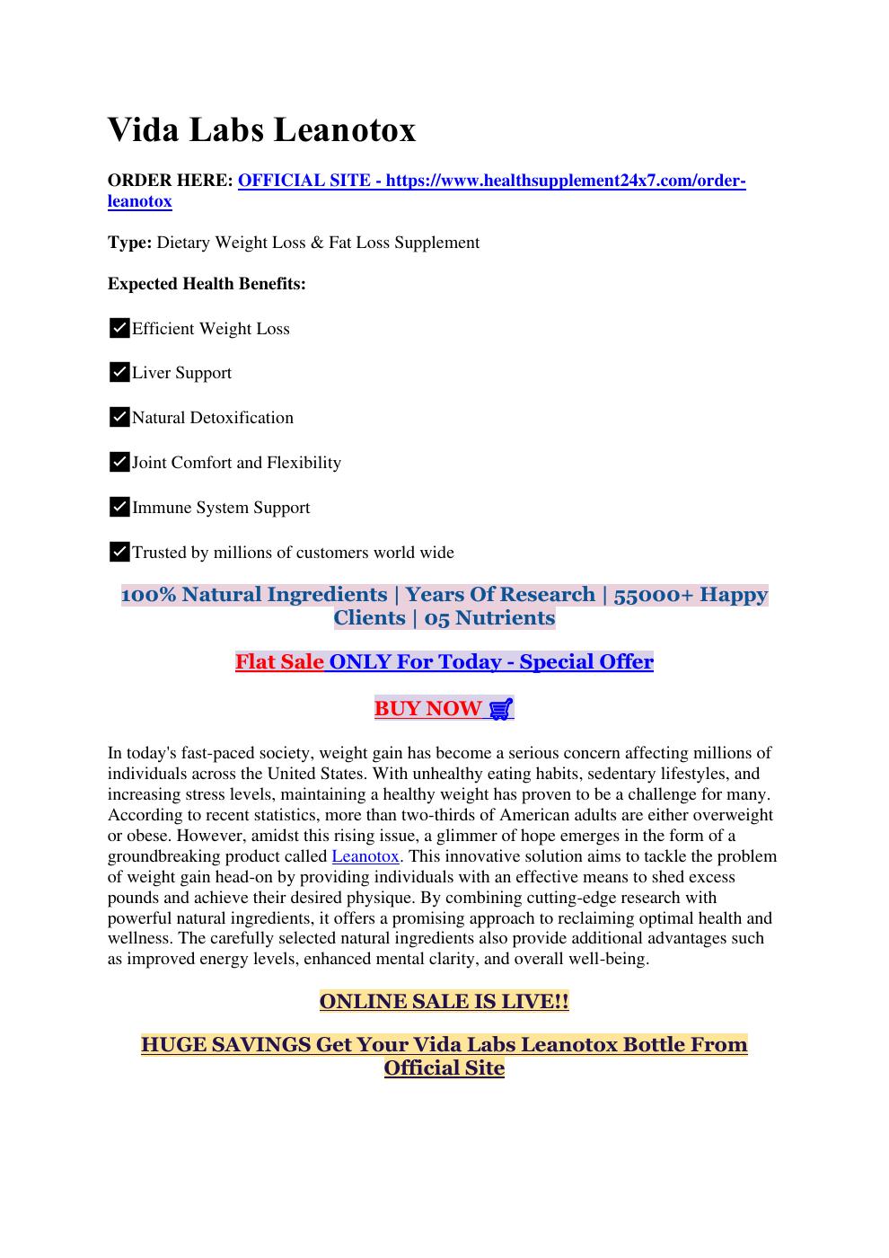 Vida Labs Leanotox 【2024 DISCOUNT SALE!!】 Increase Energy, Metabolism Naturally Reduce Weight ...