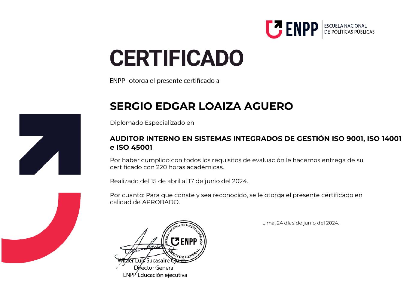 Certificado AUDITOR INTERNO EN SISTEMAS INTEGRADOS DE GESTIÓN ISO 9001, ISO 14001 e ISO 45001 ...