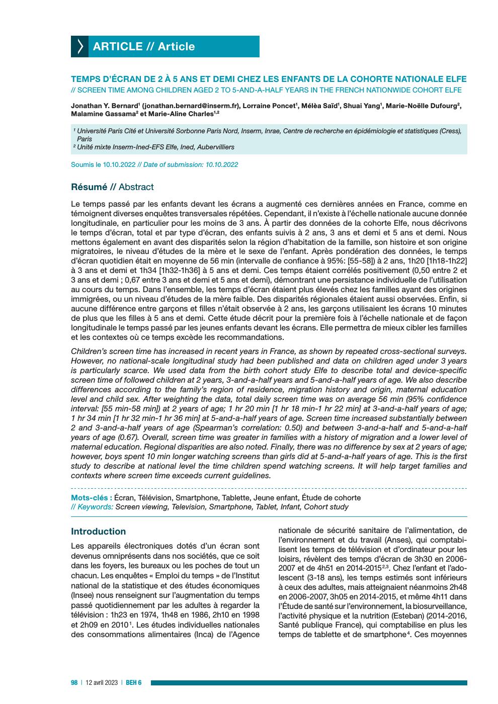 TEMPS D’ÉCRAN DE 2 À 5 ANS ET DEMI CHEZ LES ENFANTS DE LA COHORTE NATIONALE ELFE