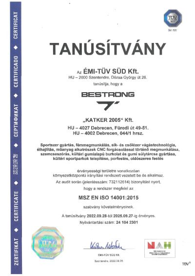 MSZ EN ISO 14001:2015 TANÚSÍTVÁNY