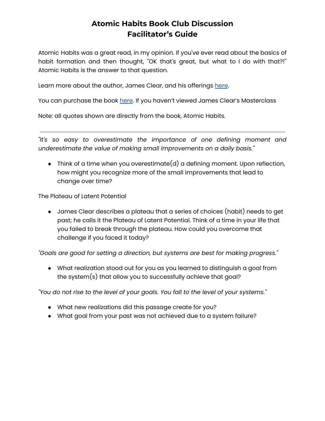 Atomic Habits Book Club Discussion Guide