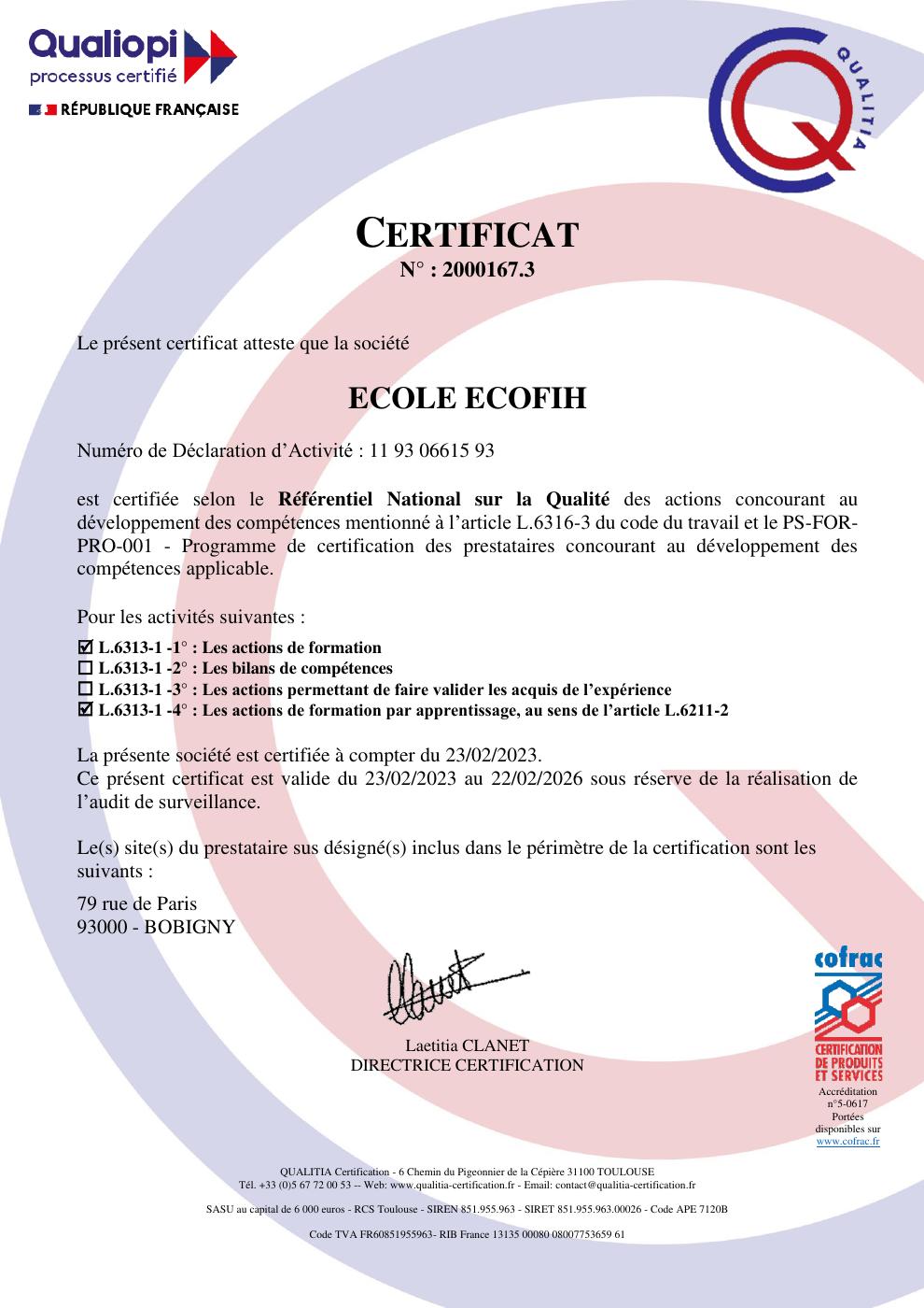 Certificat Qualiopi - Ecole Ecofih | PDF to Flipbook