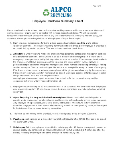Employee Handbook Summary Sheet