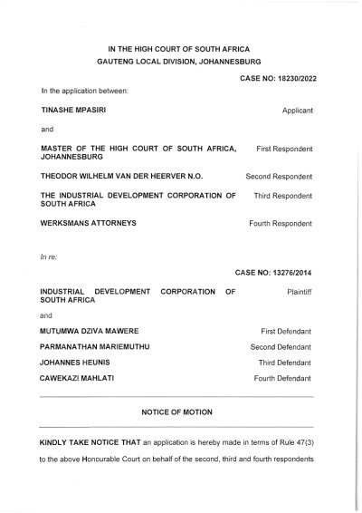 NOTICE OF MOTION IN TERMS OF RULE 47(3)