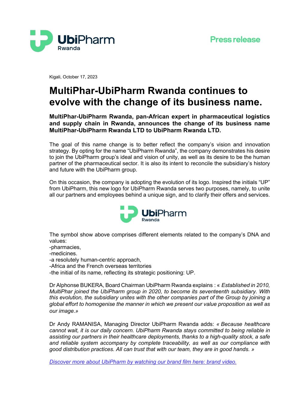 PRESS RELEASE: MultiPhar-UbiPharm Rwanda continues to evolve with the ...