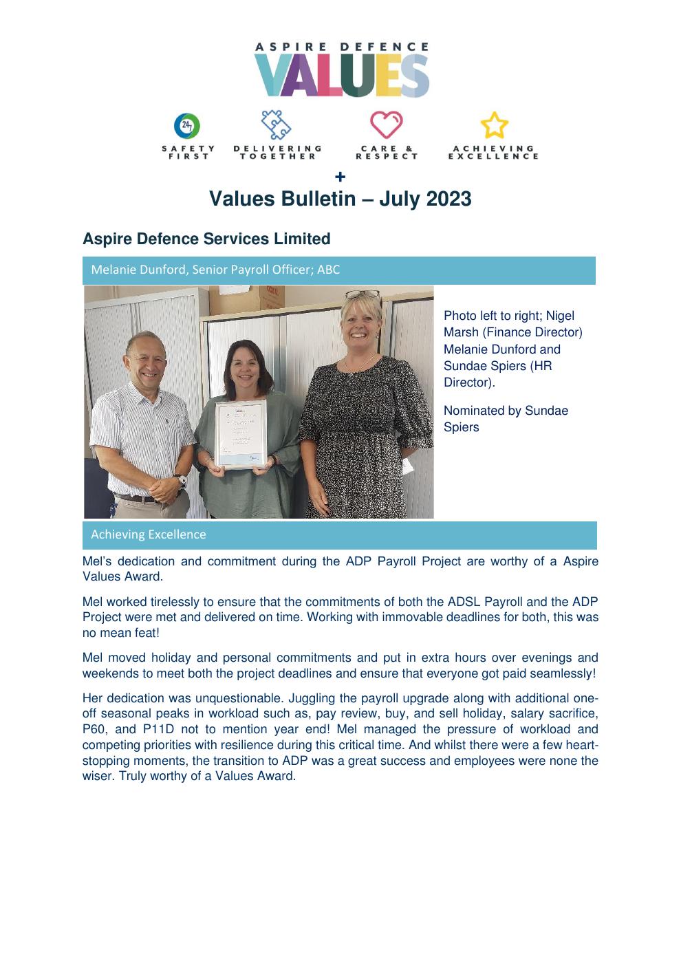 Aspire Values Award Bulletin - July 2023
