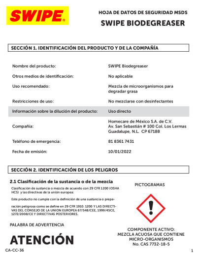 SWIPE BIODEGREASER HOJA DE SEGURIDAD
