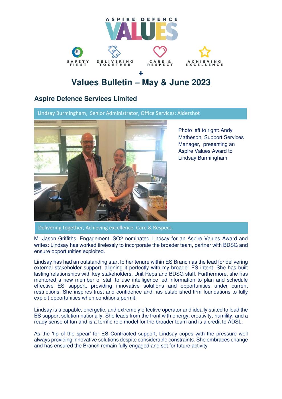 Aspire Values Award Bulletin - May & June 2023