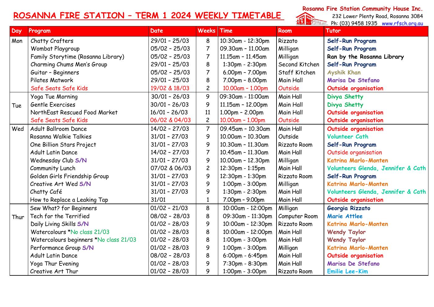 Weekly Timetable Term 1 2024