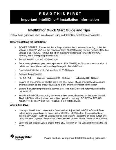 IntelliChlor Quick Start Guide and Tips
