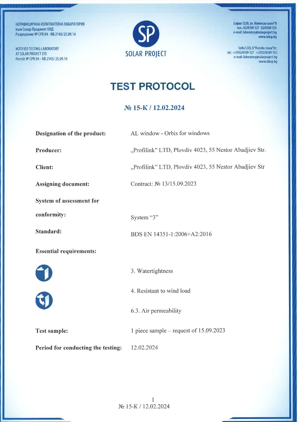 Protocol of testing Profilink Orbis/EN