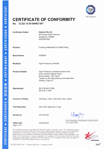 Admira Laminate COC (Fire Rating Class 0)