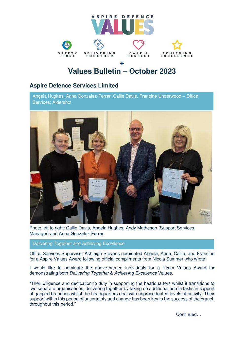 Aspire Values Award Bulletin - October 2023