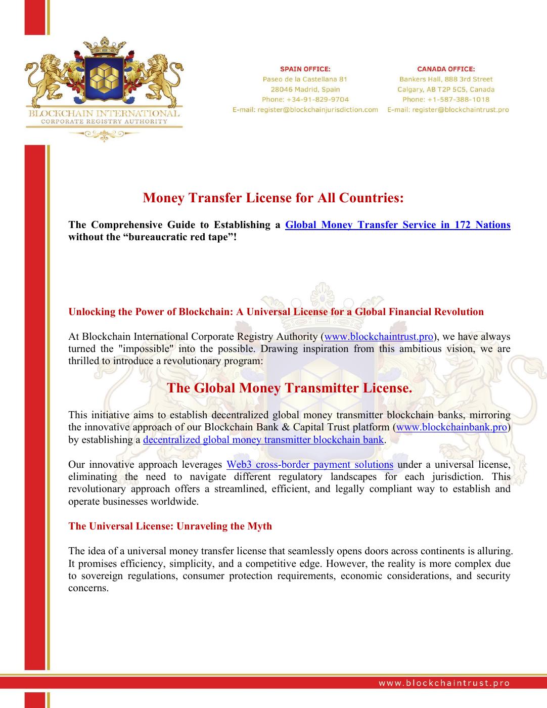 Money Transfer License for All Countries