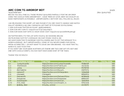 ARC COIN TG AIRDDROP LIST