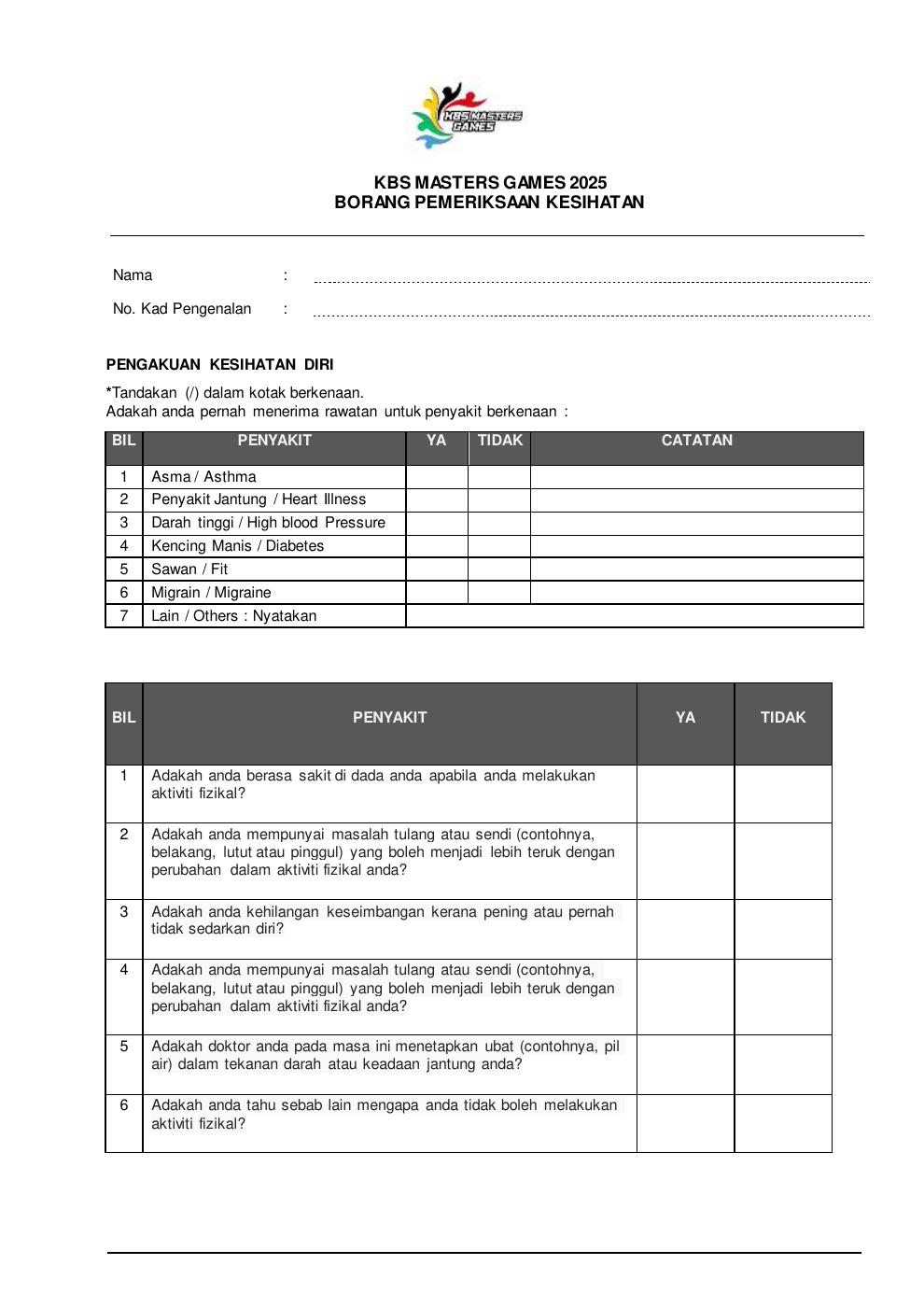 BORANG LAPORAN KESIHATAN KBS MASTERS GAMES 2025 | PDF to Flipbook