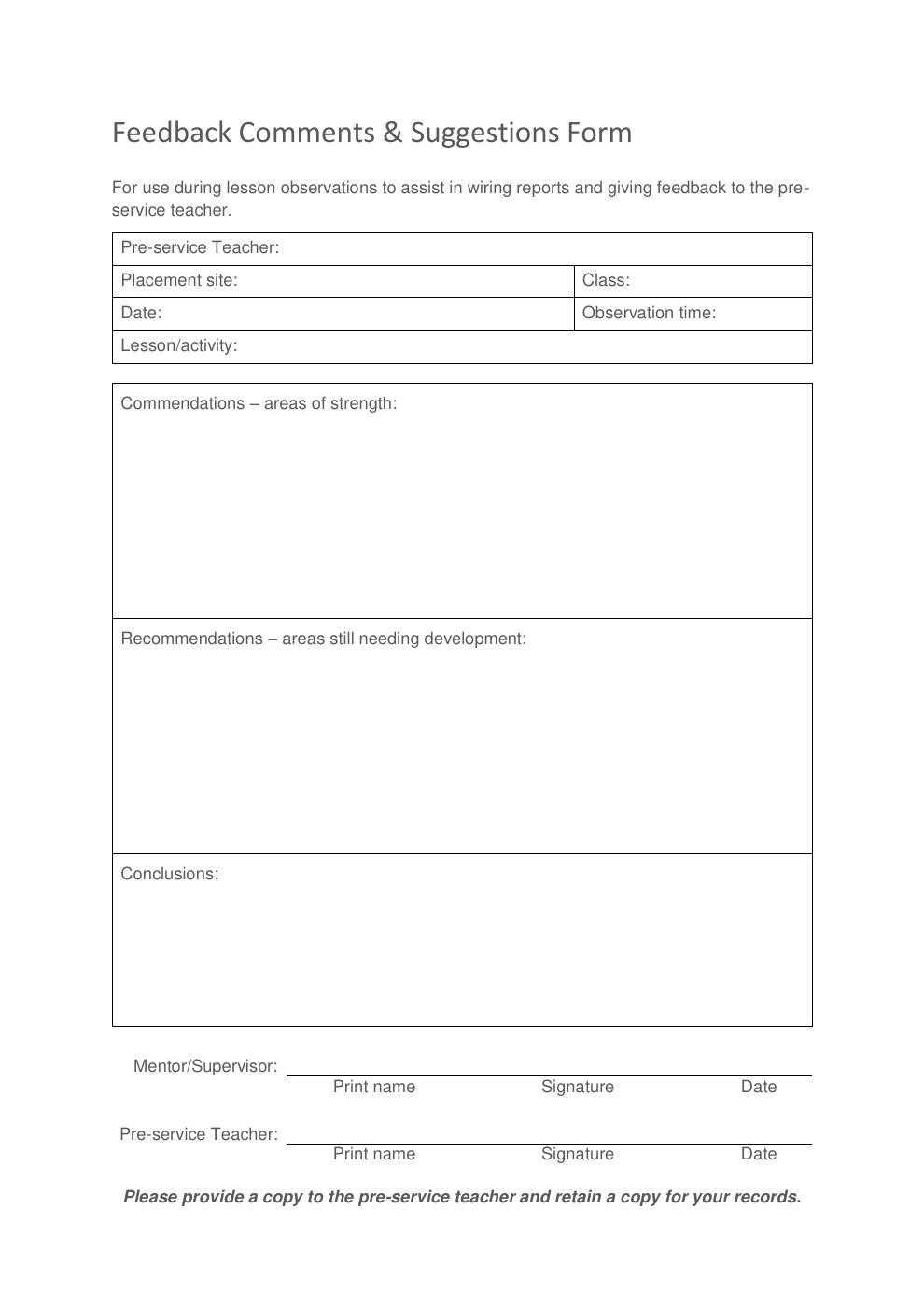Feedback - Comments and Suggestions Form