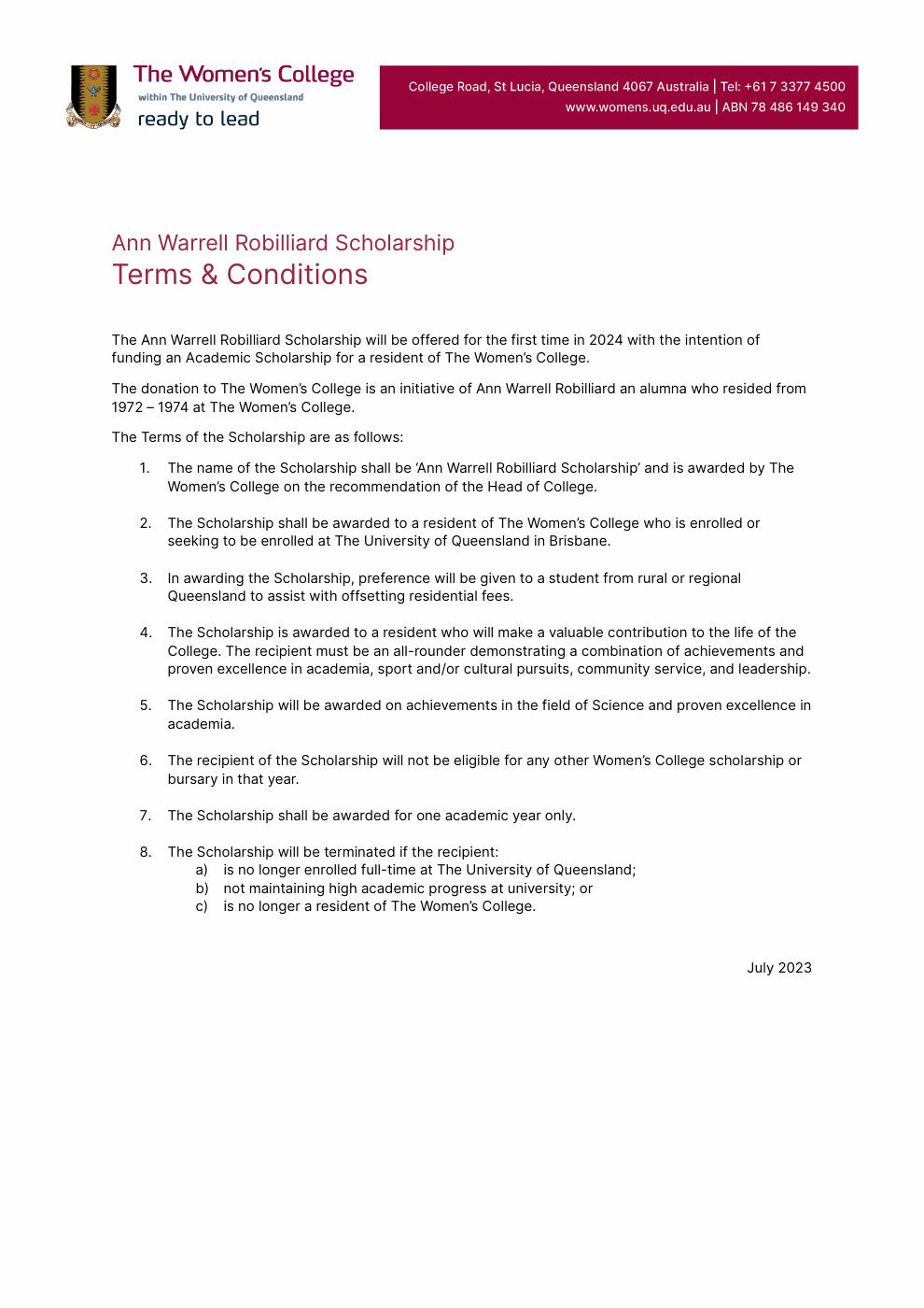 Ann Warrell Robilliard Scholarship Terms & Conditions