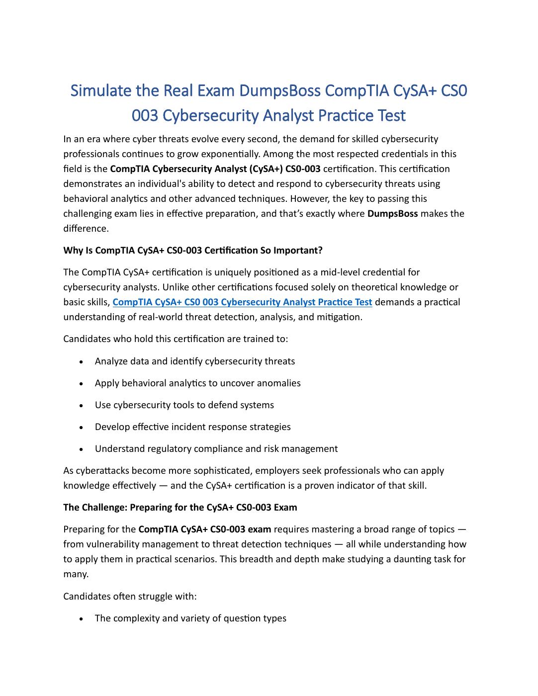 Get Ahead in Cybersecurity: DumpsBoss CompTIA CySA+ CS0 003 ...