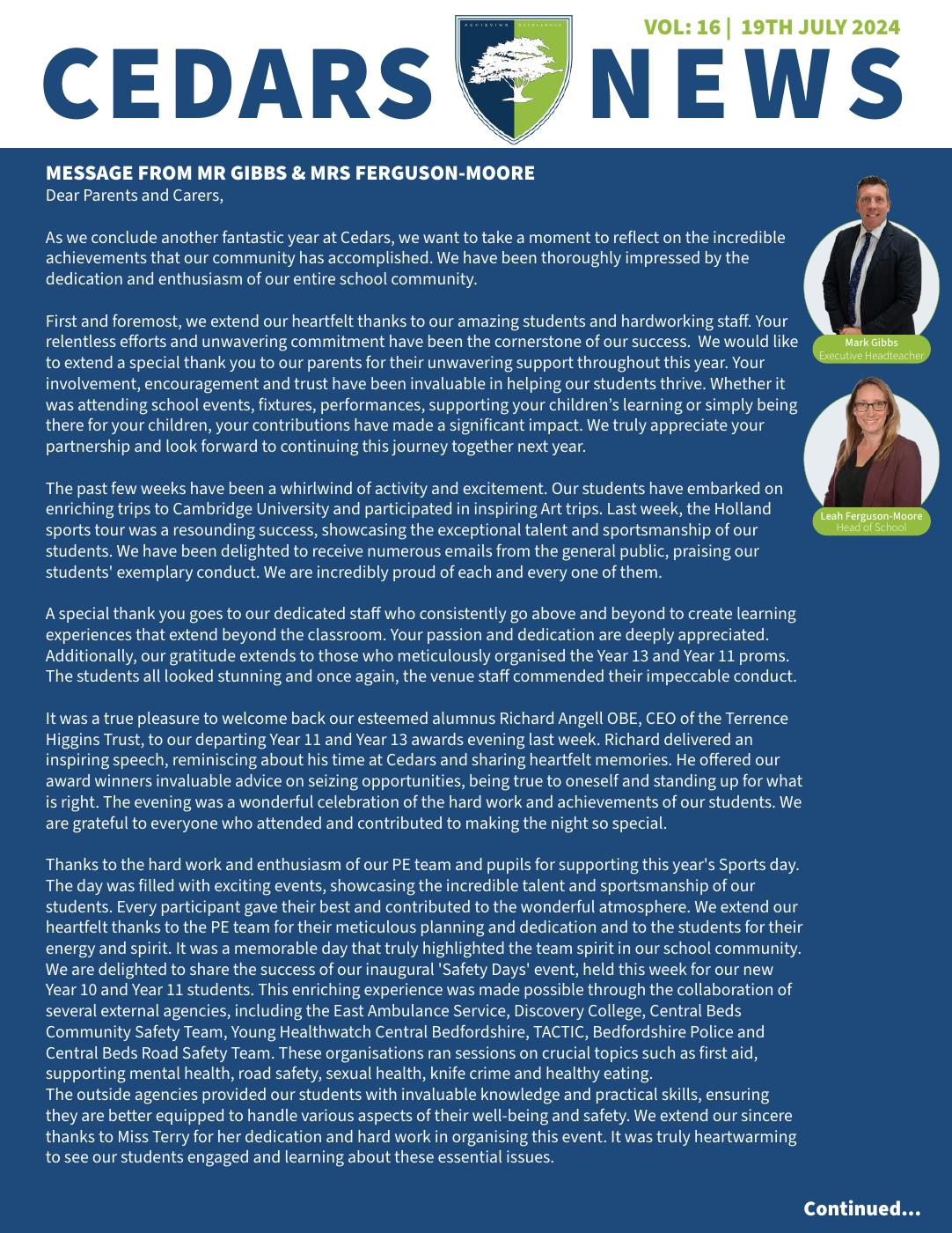 Cedars Upper School Newsletters