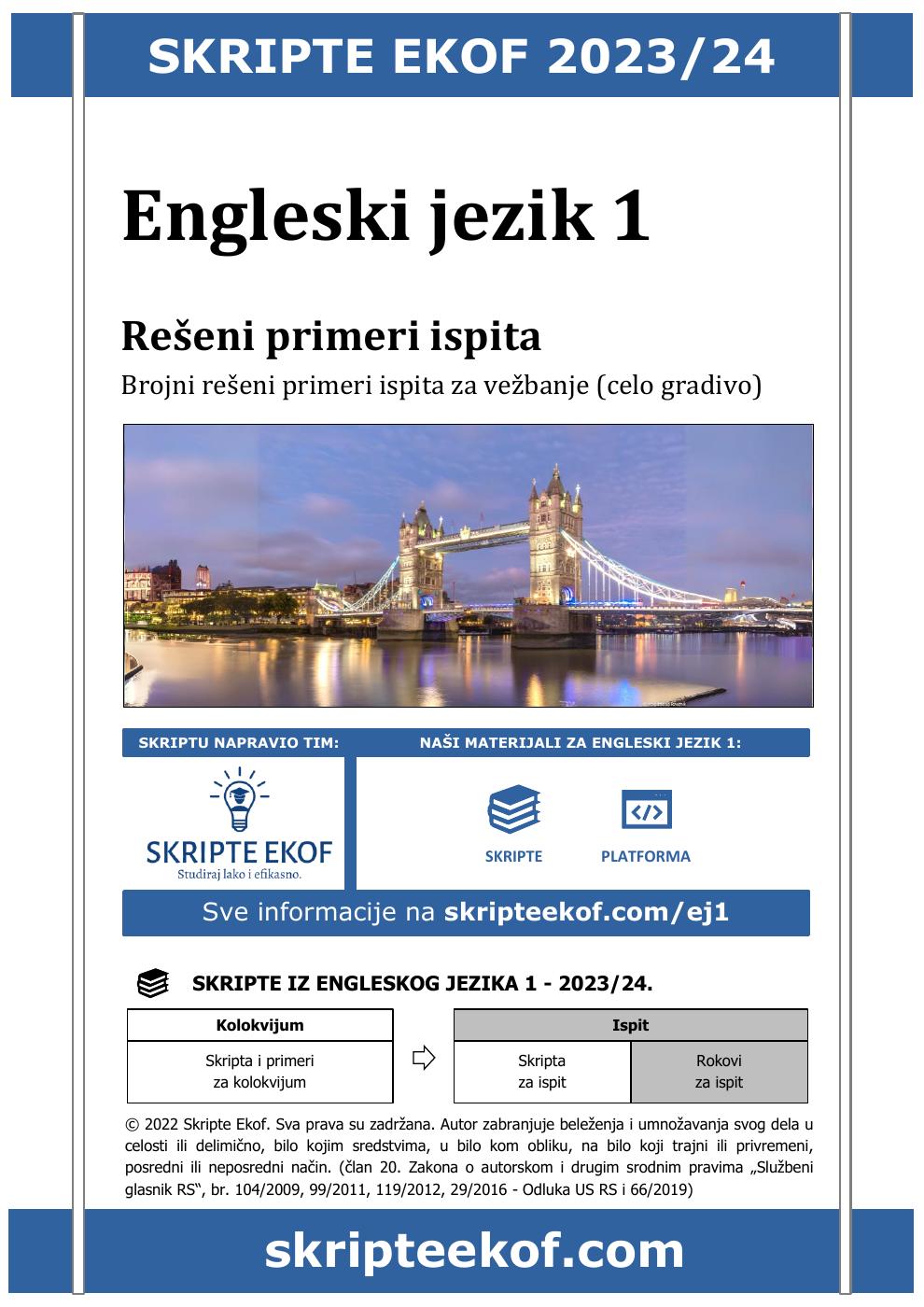 Primeri ispita iz engleskog jezika 1 2023/24.