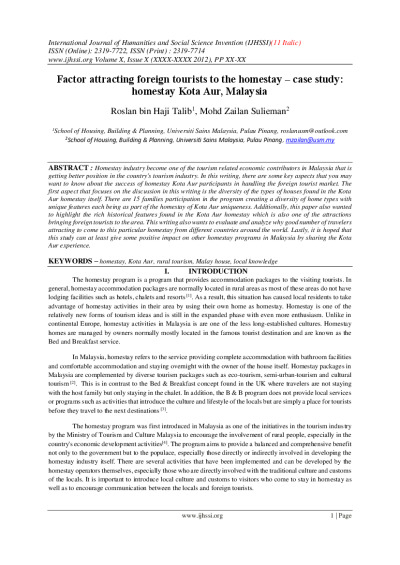 JOURNAL PUBLISHED OF HOMESTAY KOTA AUR -MAIN AUTHOR TS DR ROSLAN TALIB ...